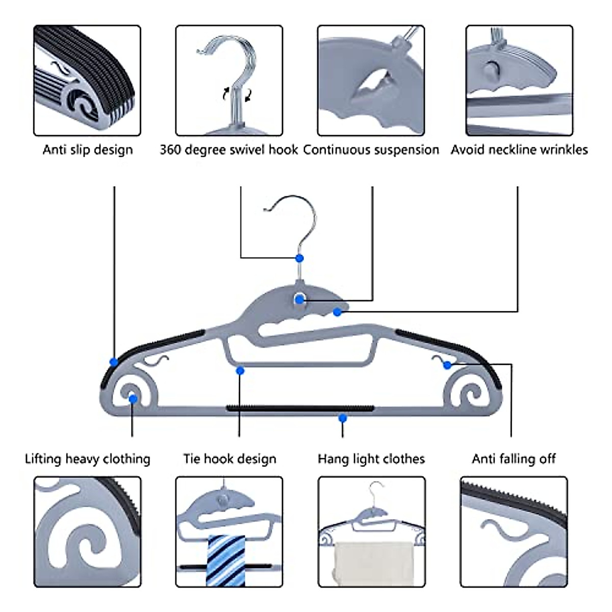 Bumodel 30 Pack Magic Extender Coat Hanger Ultra Thin Plastic Hangers with Non-Skid Rubber Padded Neck Protect Closet Space Saving Clothing Hangers for Jean, Skirt, Ties, Bras, Sweater, Suit (Black)