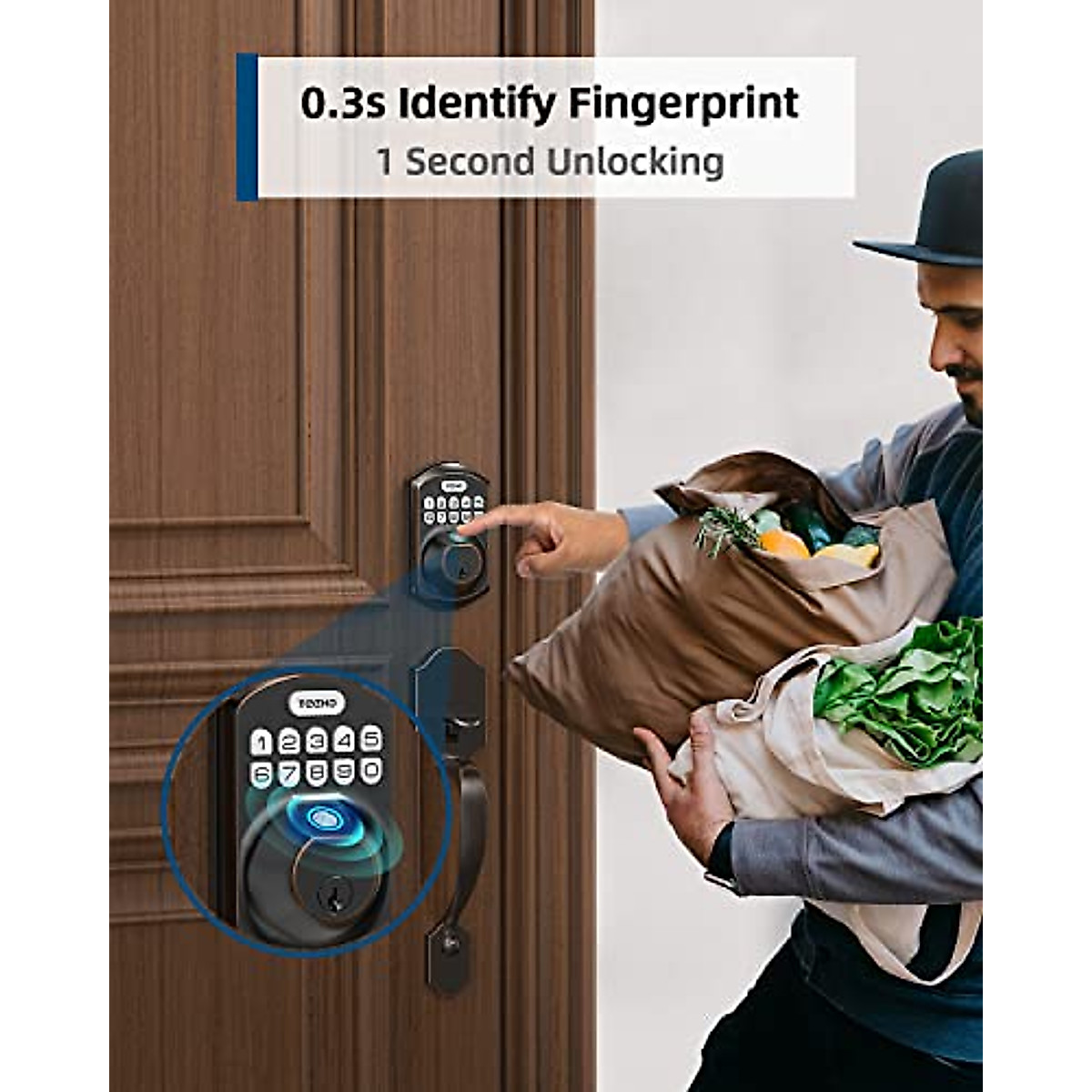 Fingerprint Keyless Entry Door Lock with Handle - TEEHO TE002H Smart Keypad Deadbolt Set for Front Door - 0.3s Biometric Identify - Auto Lock - IP54 Waterproof - Oil Rubbed Bronze