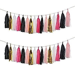 Mefuny 25PCS Hot Pink Gold Black White Party Tissue Tassels for Bridal Baby Shower Girls Women Bachelorette Birthday Graduation Party Supplies