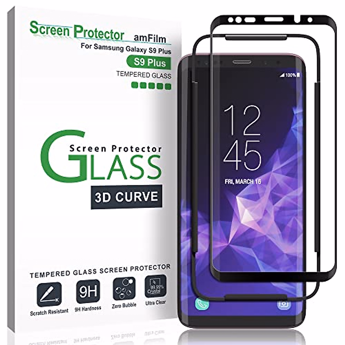amFilm Glass Screen Protector for Samsung Galaxy S9 Plus, 3D Curved Tempered Glass, Dot Matrix with Easy Installation Tray, Case Friendly (Black)