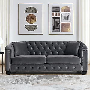 POCIYIHOME 77" Velvet Chesterfield, Deep Button Tufted 3 Seater Sofa Couch with Upholstered Backrests and Nailhead Trim Arms for Living Room, Recliner Loveseat Folding Daybed, 2 Pillows (Grey)