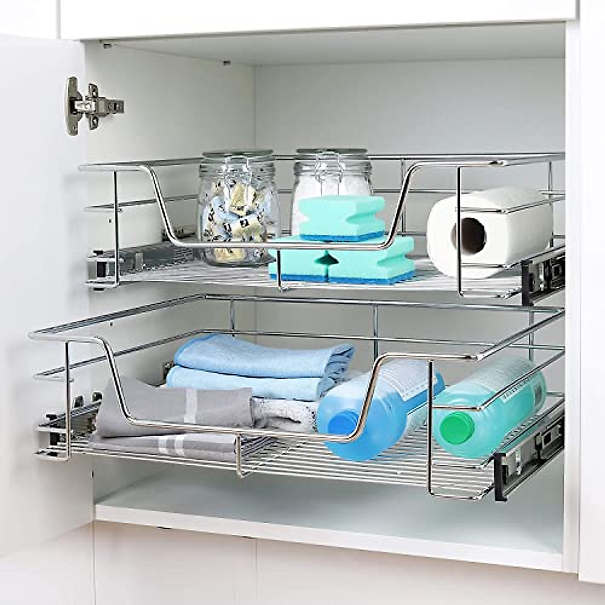 MYOYAY 2Pcs Pull Out Cabinet Organizer Bowls Dishes Storage Shelf Extendable Sliding Kitchen Drawer Heavy Duty Seasoning Cutlery Cookware Storing Basket Home Dining Organization