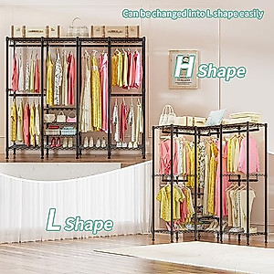 SEMHOR S5 Clothes Rack Heavy Duty Clothing Rack with 7 Shelves & 4 Hang Rods, Freestanding Metal Garment Racks for Hanging Clothes, Black Portable Wardrobe Closet 15.8"W X 76"L X 75.6"H, Load 920LBS