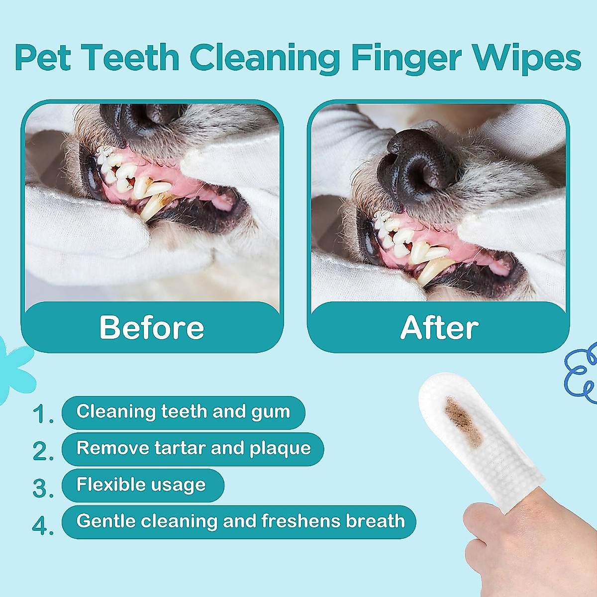 Dog Teeth Cleaning Wipes Dog Eyes Wipes Dog Ear Wipes Finger (3 Pack 200 Wipes) Pet Cleaning Wipes Kit,Dog Wipes Cleaning Deodorizing for Removing Plaque and Tartar & Ear Wax & Eye Secretions
