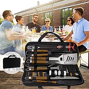 SixSun 30PCS BBQ Grill Tools Set Wooden Handle Stainless Steel Grilling Accessories with Spatula, Tongs, Skewers for Barbecue, Camping, Kitchen, Complete Premium Grill Utensils Set - Brown