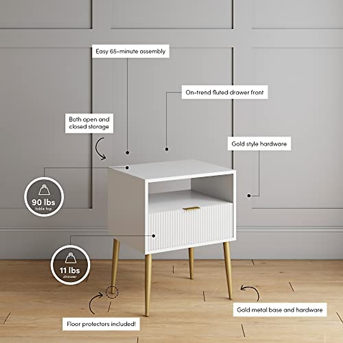 Nathan James James Mid-Century Accent Side or End Table with Storage, Wood Frame, 1, White/Gold