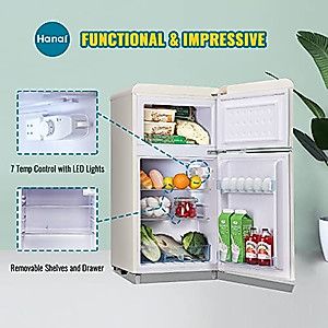 WANAI 3.5 Cu.ft Retro Mini Fridge with Freezer Small Refrigerators Dual Doors & Handles Cream Freestanding Classic Refrigerator Removable Glass Shelves Adjustable Thermostat for Home Office Dorm RV