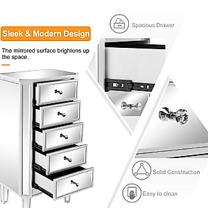 VINGLI VNGLI Mirrored Dresser 5 Drawers Modern Chest, Mirrored Chest of Drawers, Glass Dresser for Bedroom, Dressing Room, Living Room, Silver