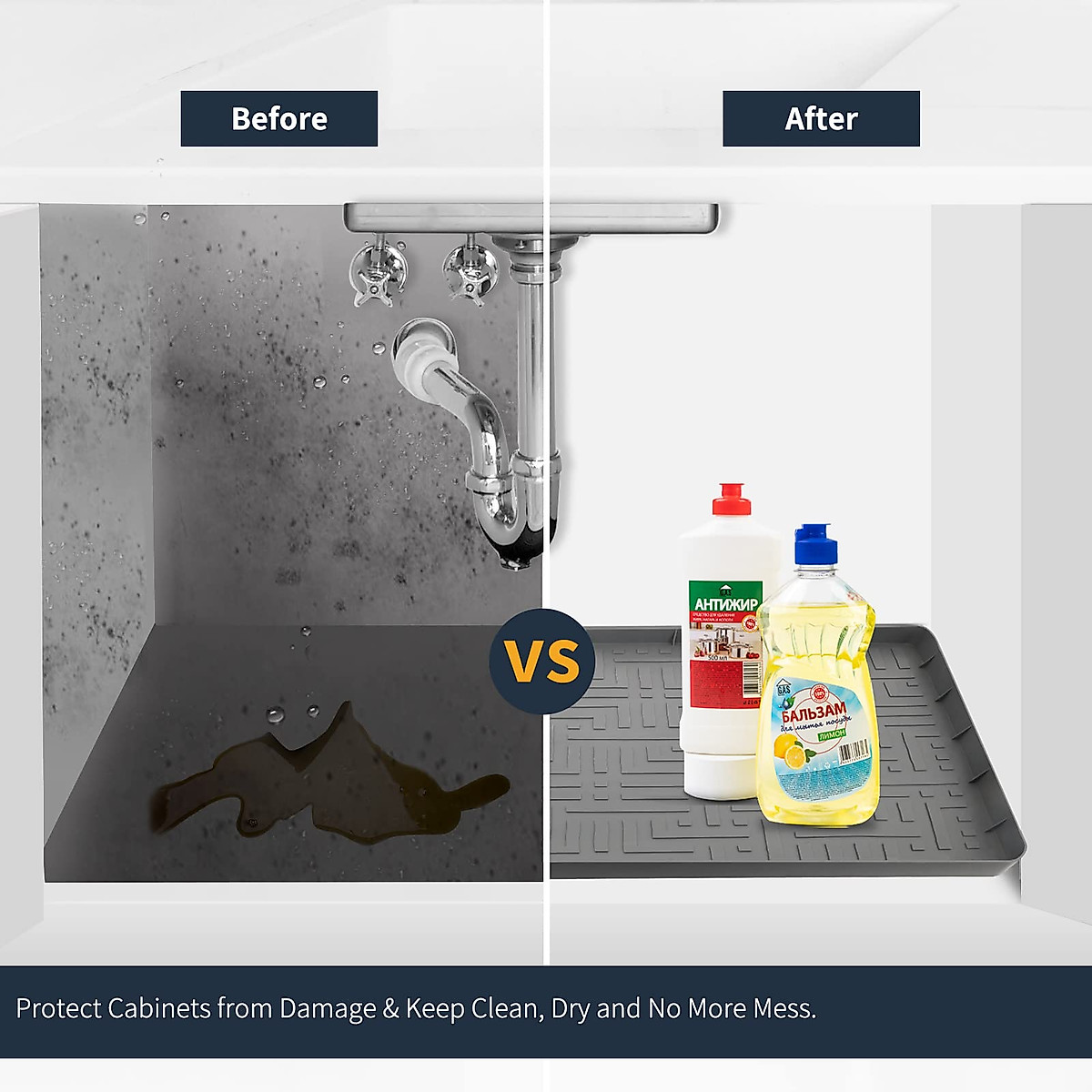 Punvot Under Sink Mat for Kitchen Waterproof, 34" x 22" Kitchen Mat Washable, Non-Slip Silicone Under Sink Liner Drip Tray for Kitchen & Bathroom Sink Cabinet Liner - Under Sink Organizers and Storage