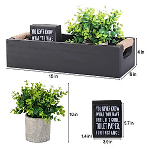 Veichin Bathroom Decor Box Back of Toilet Paper Storage Basket Organizer with Funny Double-Sided Box Sign And Artificial Flower, Set of 3 Wood Tank Tray
