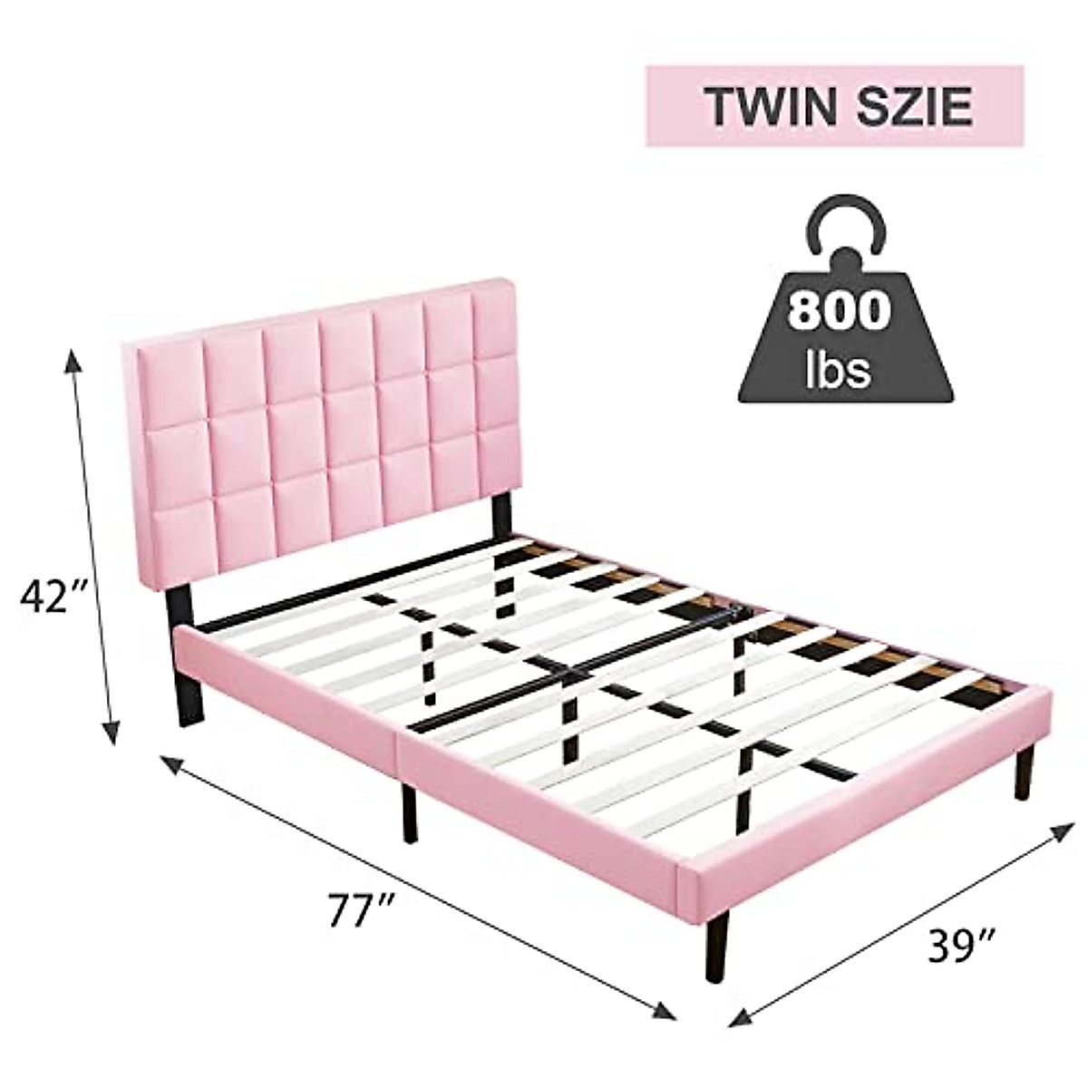 Molblly Twin Bed Frame Upholstered Platform with Headboard and Strong Wooden Slats,Non-Slip and Noise-Free,No Box Spring Needed, Easy Assembly,Pink