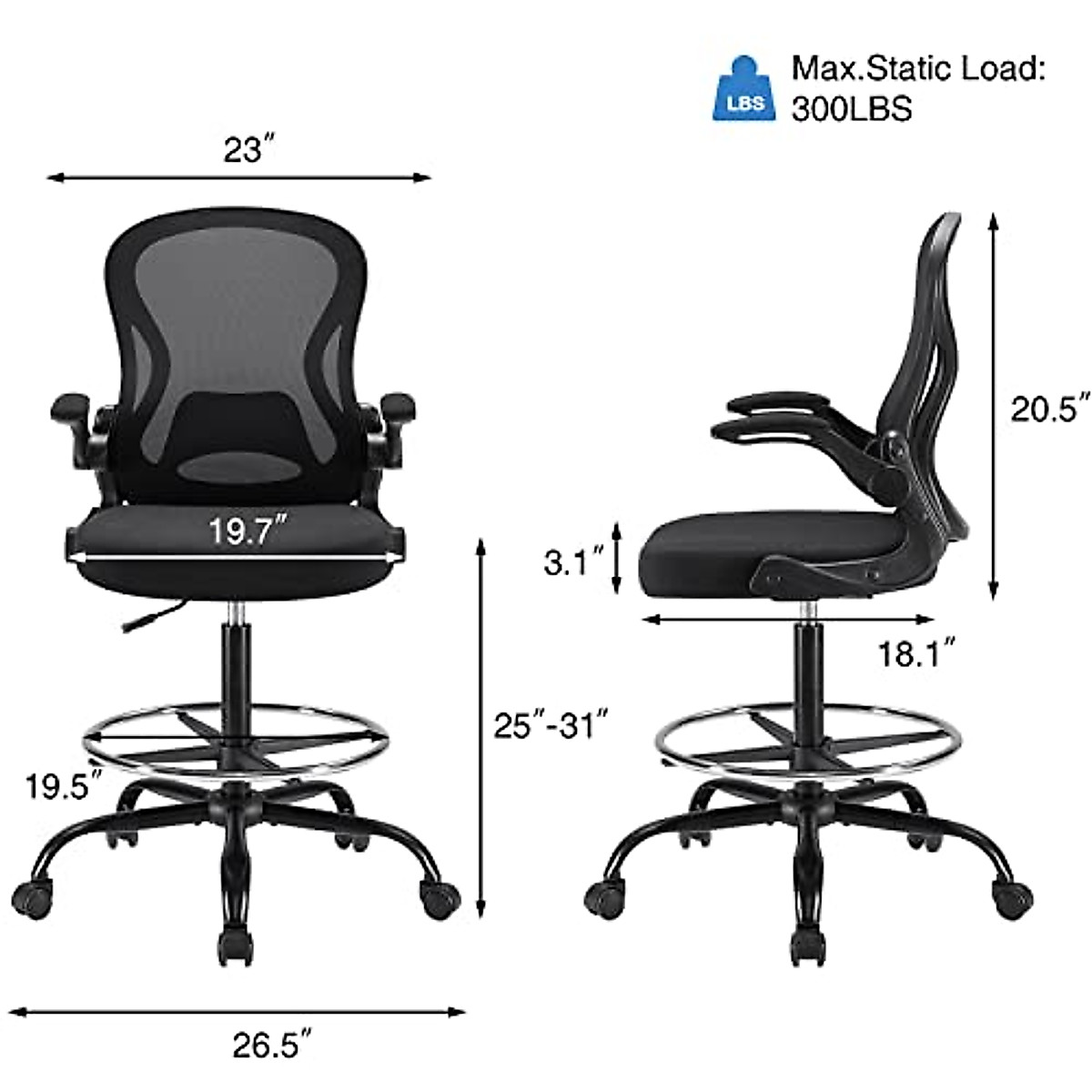 Fefances Drafting Chair Tall Office Chair for Standing Desk Chair Adjustable Height Stool Chair Black