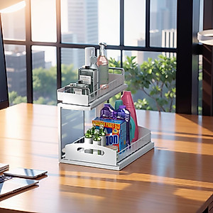 HOJAYK Under Sink Organizer, 2-Tier Metal Put Out Under Kitchen Sink Organizers and Storage, Sliding Shelf Cabinet Organizer for Kitchen, Bathroom, Desk - White-8