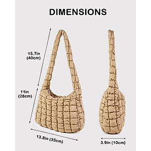 Rejolly Puffer Quilted Shoulder Bag for Women Puffy Bubble Tote Bag Lightweight Nylon Handbag Padded Soft Purse Khaki
