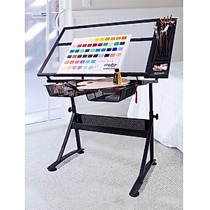 Adjustable Glass Drafting Table,Versatile Art Study Table,with Storage Drawers,Art Studio Design Sketching Painting Work Station