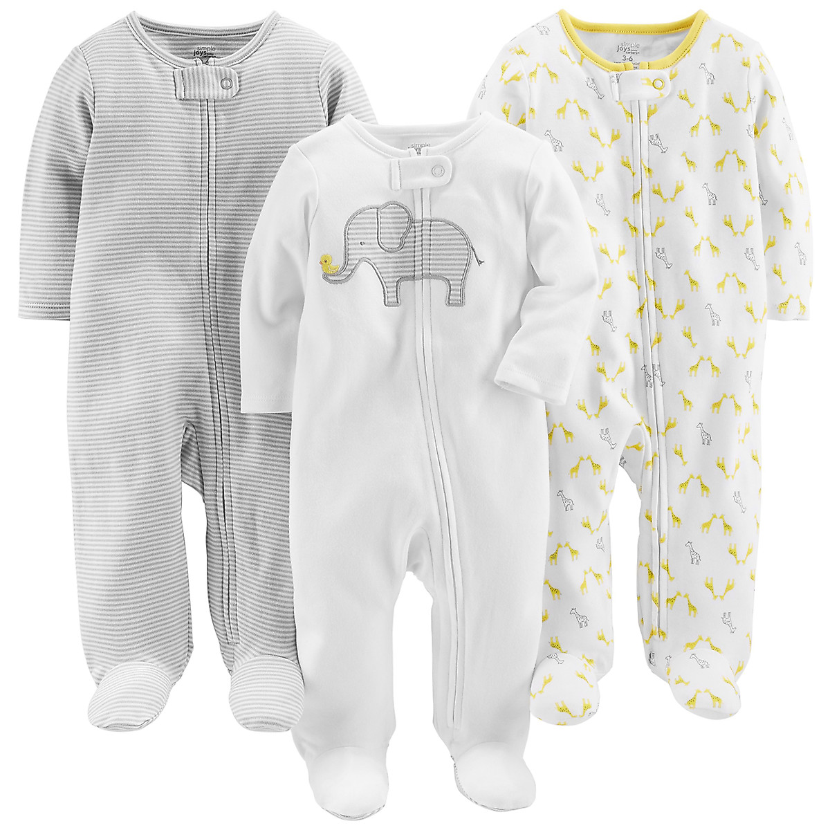 Simple Joys by Carter's Baby 3-Pack Neutral Sleep and Play, Light Grey Mini Stripe/White Elephant/Giraffe, Newborn