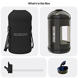 Hydro Gallon® - 1 Gallon Water Bottle Jug with Insulated Sleeve and Straw Lid, Handle, Time Marker, Pocket, Shoulder Strap. Daily Intake Leakproof BPA free Large Big Bottle Men. 128oz (Black)