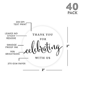 Andaz Press Circle Gift Label Stickers, Thank You for Celebrating with Us, White, 40-Pack, Round Thanks Label Thank You Wedding Stickers Thank You Stickers 2 Inch Wedding Stickers for Favors