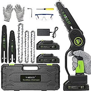 Mini Chainsaw Cordless 4&6 Inch,V-MODEST Brushless One-Handheld Electric Chain Saw with 2x24V Battery Powered, 23.4FT/s, Security Lock for Wood Cutting Tree Pruning(also for women)