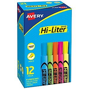 Avery Hi-Liter Desk-Style Highlighters, Smear Safe Ink, Chisel Tip is great for sketch book art, 12 Assorted Colors (98034)