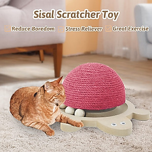 Fhiny Cats Scratching Ball, Natural Sisal Scratching Toy with Roller Track Toys and Wooden Base Kitten Turtle Shape Scratch Post for Indoor Cats Interactive Training Exercise Scratcher for Small Pets