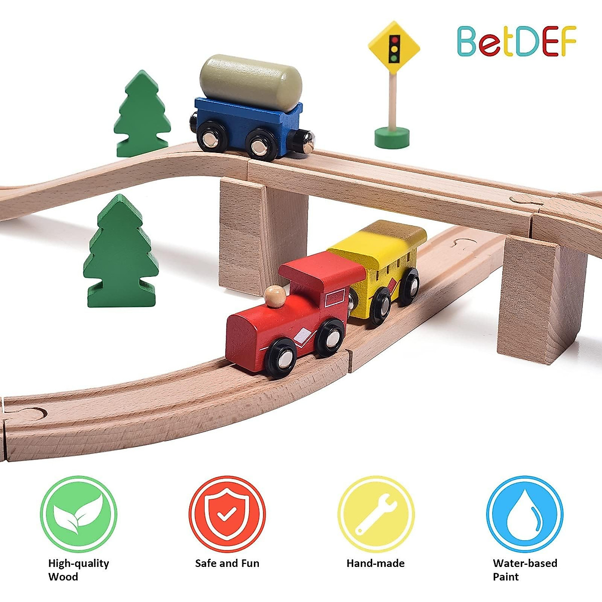 BetDEF Wooden Train Set,39 Pcs-with All-Wood Train Tracks with Double Sided Wooden Tracks and Color Box for 3+ Year Old Boys and Girls Toddler-Fits Thomas Brio Melissa and Doug… (39PC)