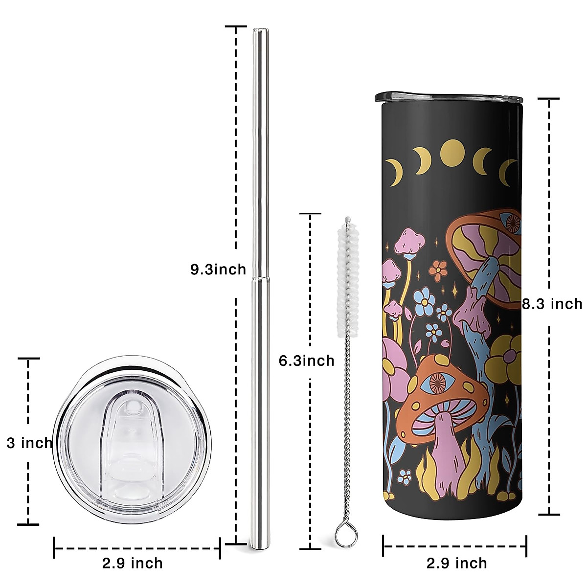thmasamwr Mushroom Skinny Tumbler With Straw and Lid, Stainless Steel 20oz Coffee Travel Mug, Cute Moon and Mushroom Cups for Mushroom Lovers Gifts for Women and Girls