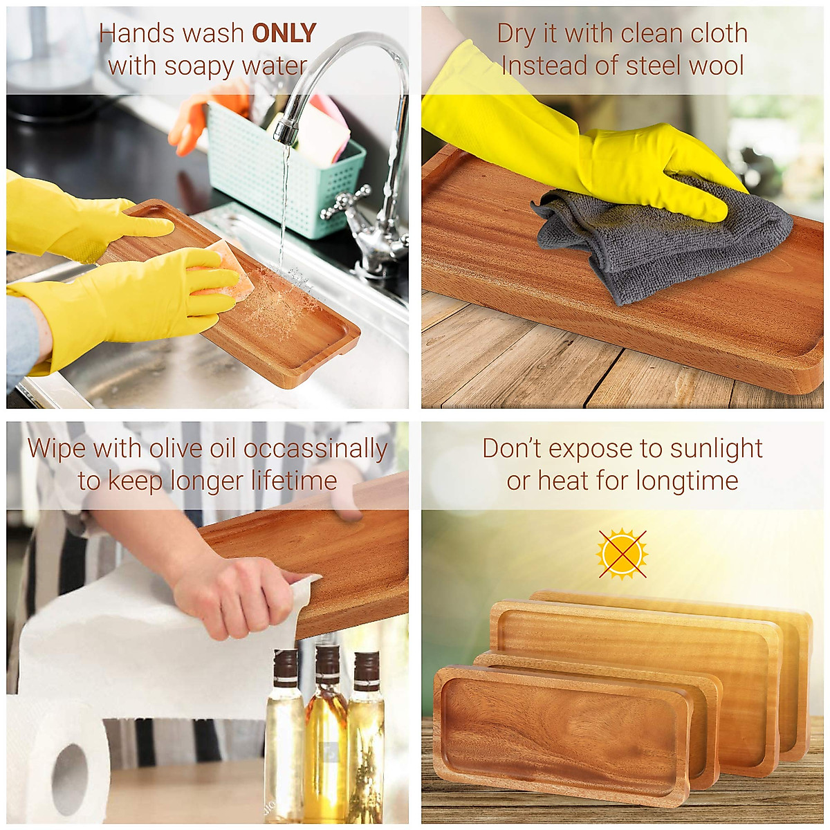 Serving Tray and Platter (Set of 4)(14.5’’x7’’X0.8 and 12’’x 5’’x0.8) Solid Natural Wood for Food Holder/BBQ/Party Buffet, Avoid Sliding Spilling Food with Easy Carry Grooved Handle Design