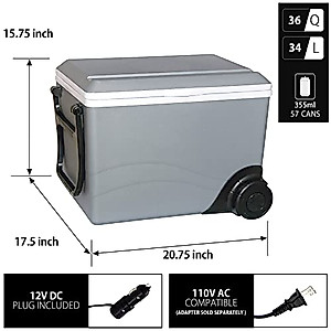 Koolatron Thermoelectric Iceless 12V Cooler/Warmer 36 qt (34 L) w/Wheels, Portable Electric Rolling Car Fridge w/ 12 Volt DC Power Cord, Gray/White, Travel Road Trips Camping, Made in North America