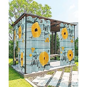 Outdoor Curtains for Patio 2 Panels Set Honey Bee Beehive Under Branch Blue Wooden Plank Waterproof Privacy Outside Curtain Sun Blocking Grommet Drapes for Porch Gazebo Pergolas Balcony 52x108 Inch