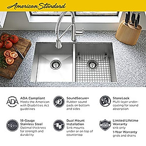 American Standard 18DB6332211.075 Edgewater 33" x 22" ADA Double Bowl Stainless Steel Kitchen Sink,