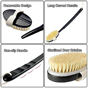 OWIIZI Black Bath Brush Wooden Curved Long Handle Body Brush for Exfoliating, Natural Bristle Shower Scrubber for Back Use Wet or Dry
