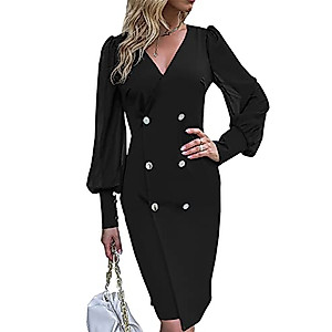 Umenlele Women's Elegant Wrap V Neck Lantern Long Sleeve Double Breasted Blazer Bodycon Pencil Short Mini Dress Black Small
