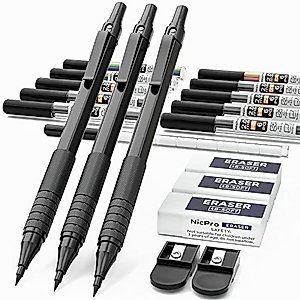Nicpro Black Metal 2.0 Mechanical Pencil Set with Case, 3 PCS Drafting Lead Holder with 2mm Graphite Lead Refill (HB 2H 4H 2B 4B) & Colors, Sharpeners, Erasers for Artist Writing, Drawing, Sketching