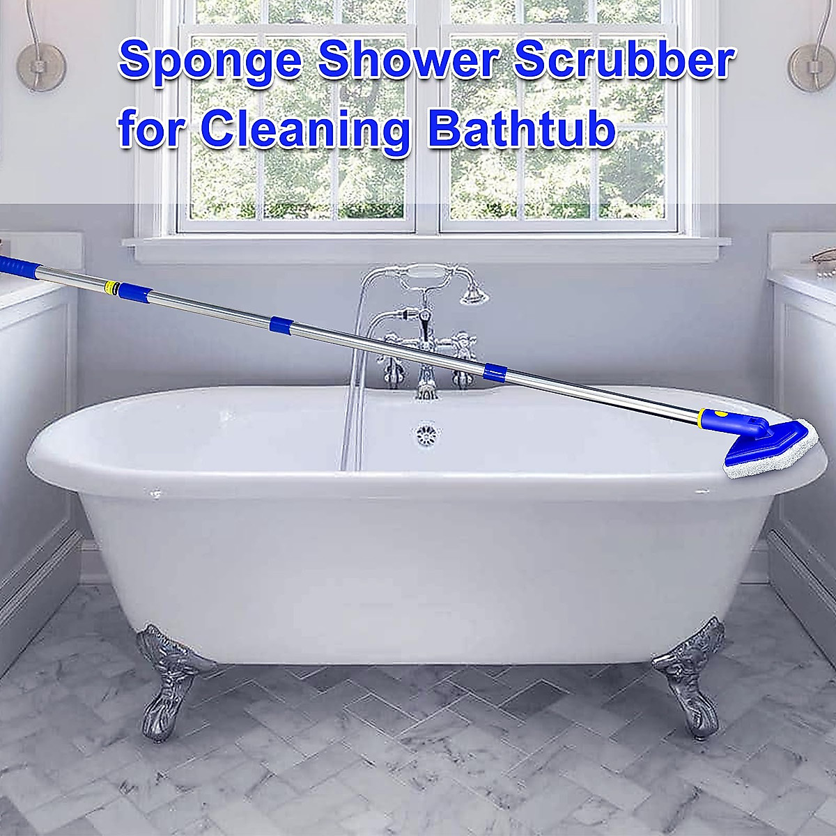 ITTAR Mutil-Purpose Scrub Brush with 3-Section Adjustable Long Handle, 56" Tub Tile Scrubber, 2-in-1 Shower Cleaning Brush & Sponge, Bathtub Cleaner Scrubber for Cleaning Walk-in Shower Bathroom