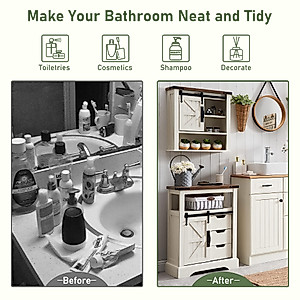 OKD Bathroom Wall Cabinet, Farmhouse Medicine Cabinet with Sliding Barn Door & Adjustable Shelves, Storage Cabinet Wall Mounted for Bathroom, Kitchen, Rustic Oak with Antique White