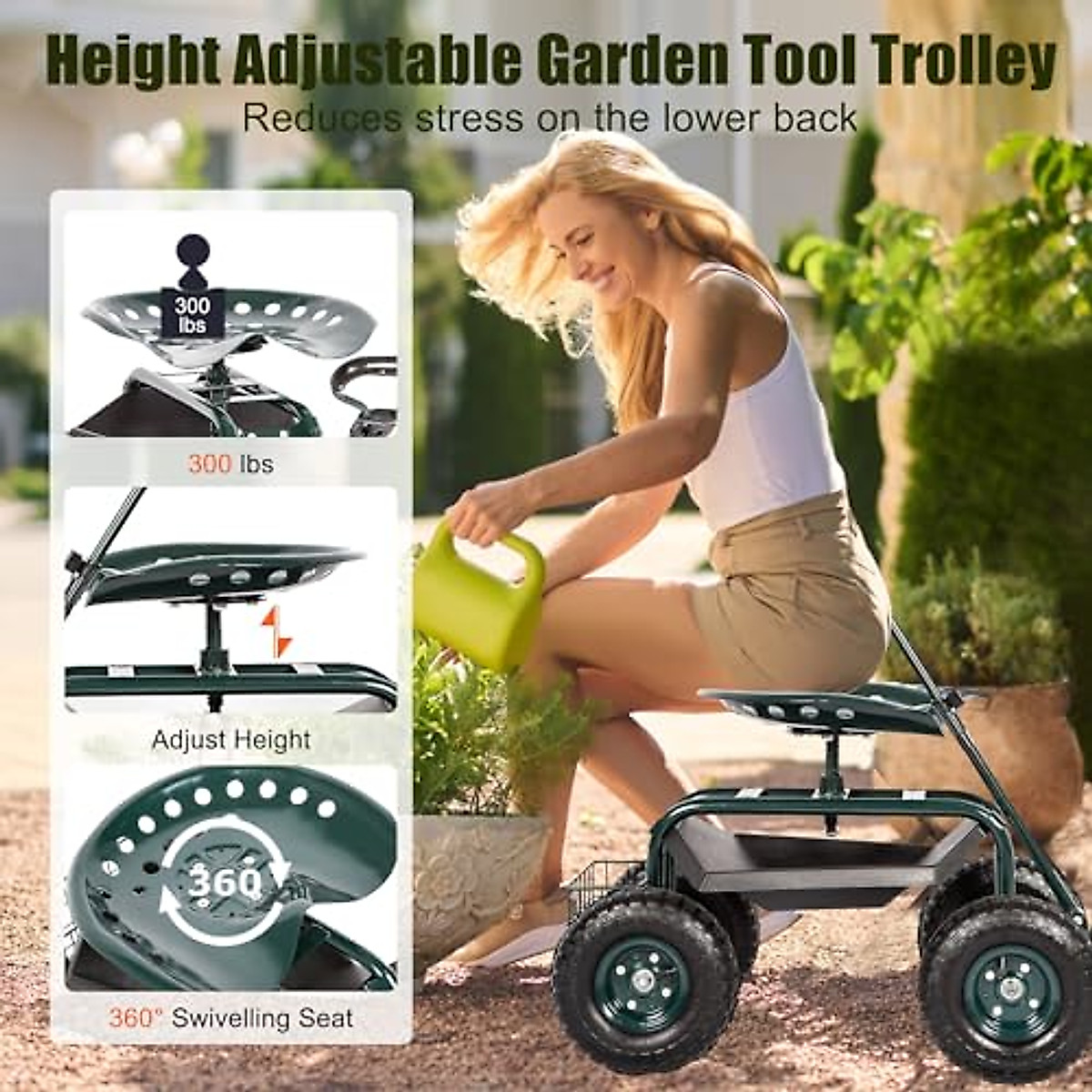 Kinsuite Rolling Utility Garden Cart Patio Wagon with Adjustable 360 Degree Swivel Seat Heavy Duty Steel Frame