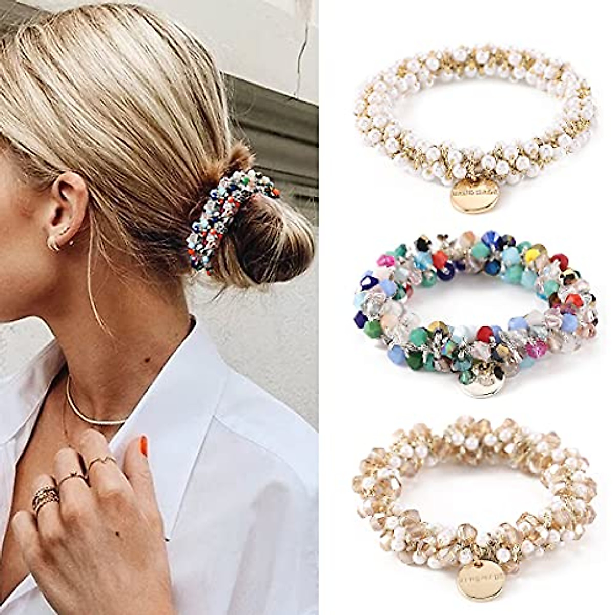 Brinie Pearl Scrunchie White Elastic Hair Ties Rhinestone Ponytail Holders Beaded Hair Elastics Hair Accessories for Women and Girls (Pack of 3)