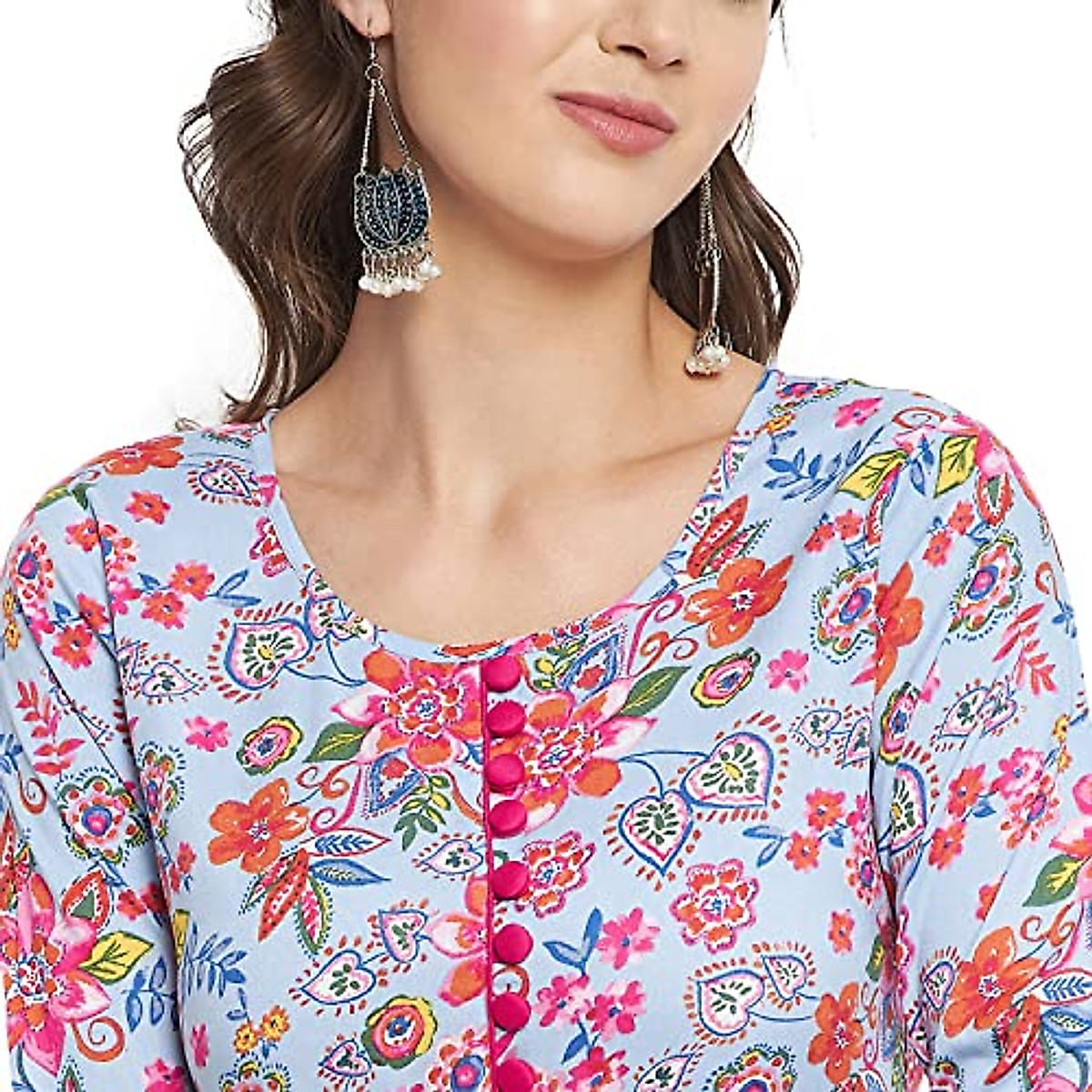Tissu Women's Rayon Light Blue & Pink Printed A-Line Kurta 2156_Light Blue_XS