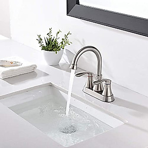 Friho Centerset Lead-Free Modern Commercial 2-Handle Brushed Nickel Bathroom Faucet, 4 inch RV Bathroom Sink Faucet 3 Hole Bath Vanity Faucets with Drain Stopper and Water Hoses