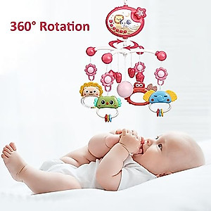 Baby Musical Crib Mobile with Light and Projector, Mobile for Crib with Remote Control ＆ Timming Function, Rotating Hanging Rattles Toy for Newborn(Red)