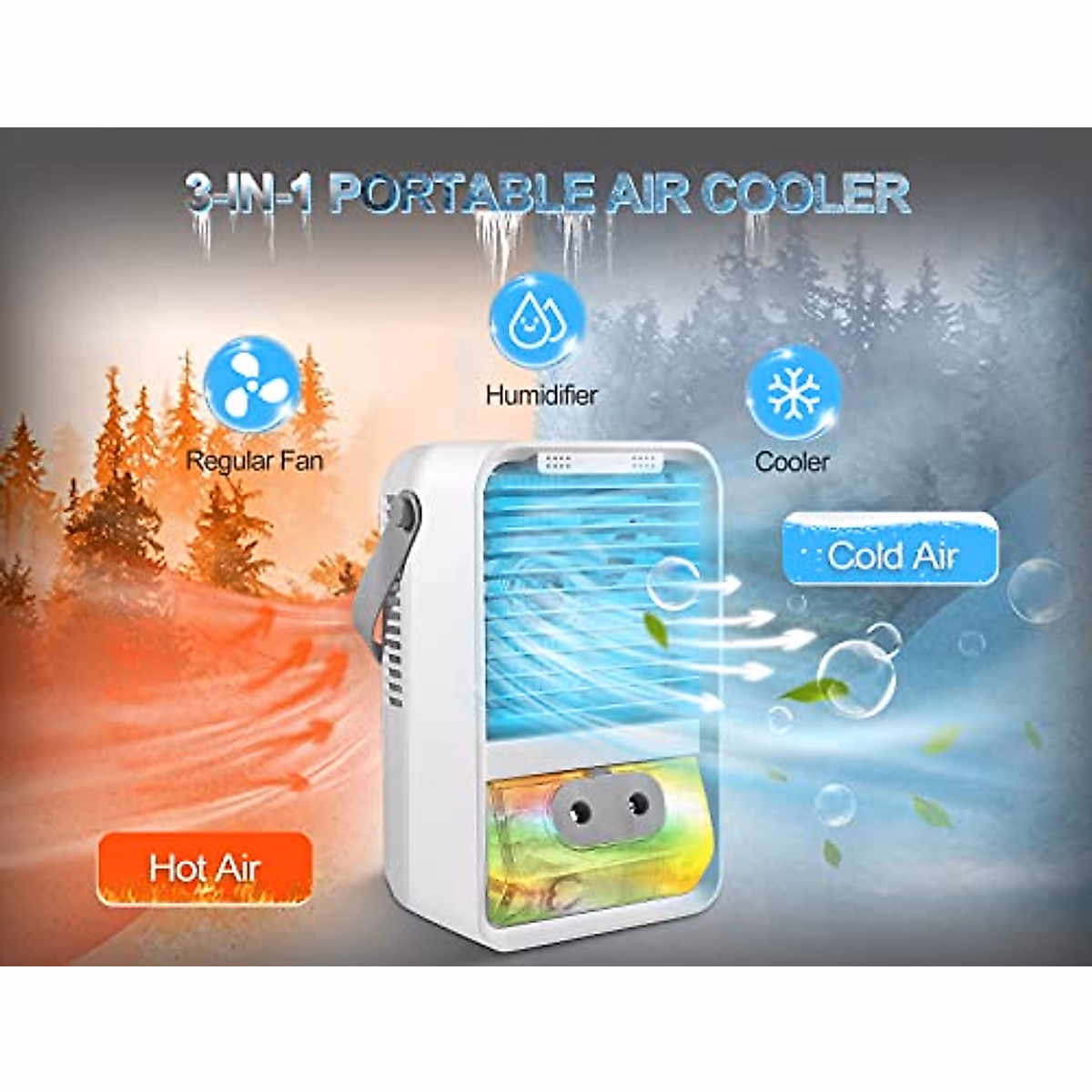 Portable Air Conditioner Fan, Personal Space Air Cooling Fan for Home Office Room, Personal Evaporative Cooler & Humidifier, with Handle/LED Light/Humidifier, for Small Room/Dorm/Bedroom/Camping