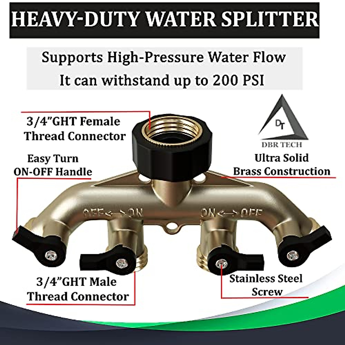 Heavy Duty 4 Way Hose Splitter (Premium Brass for Superior Durability), Wye Garden Hoses Connector for Water Spigot Faucet Bib Tap, Four Shut Off Valves, Y Adapter, Rust-Resistant Finish, Zero Leaks