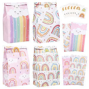 DECORLIFE 24PCS Rainbow Party Favor Bags, 4 Styles, Rainbow Goodie Bags for Birthday Party, Perfect for Girls, Kids, Boys, Stickers Included