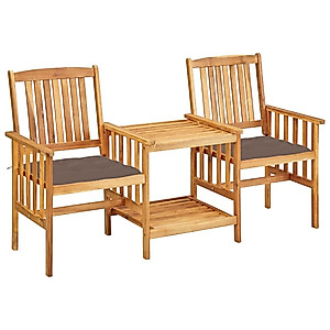 vidaXL Farmhouse Style Patio Chairs with Tea Table Set, Solid Acacia Wood Outdoor Bistro Furniture with Comfortable Cushions - Taupe