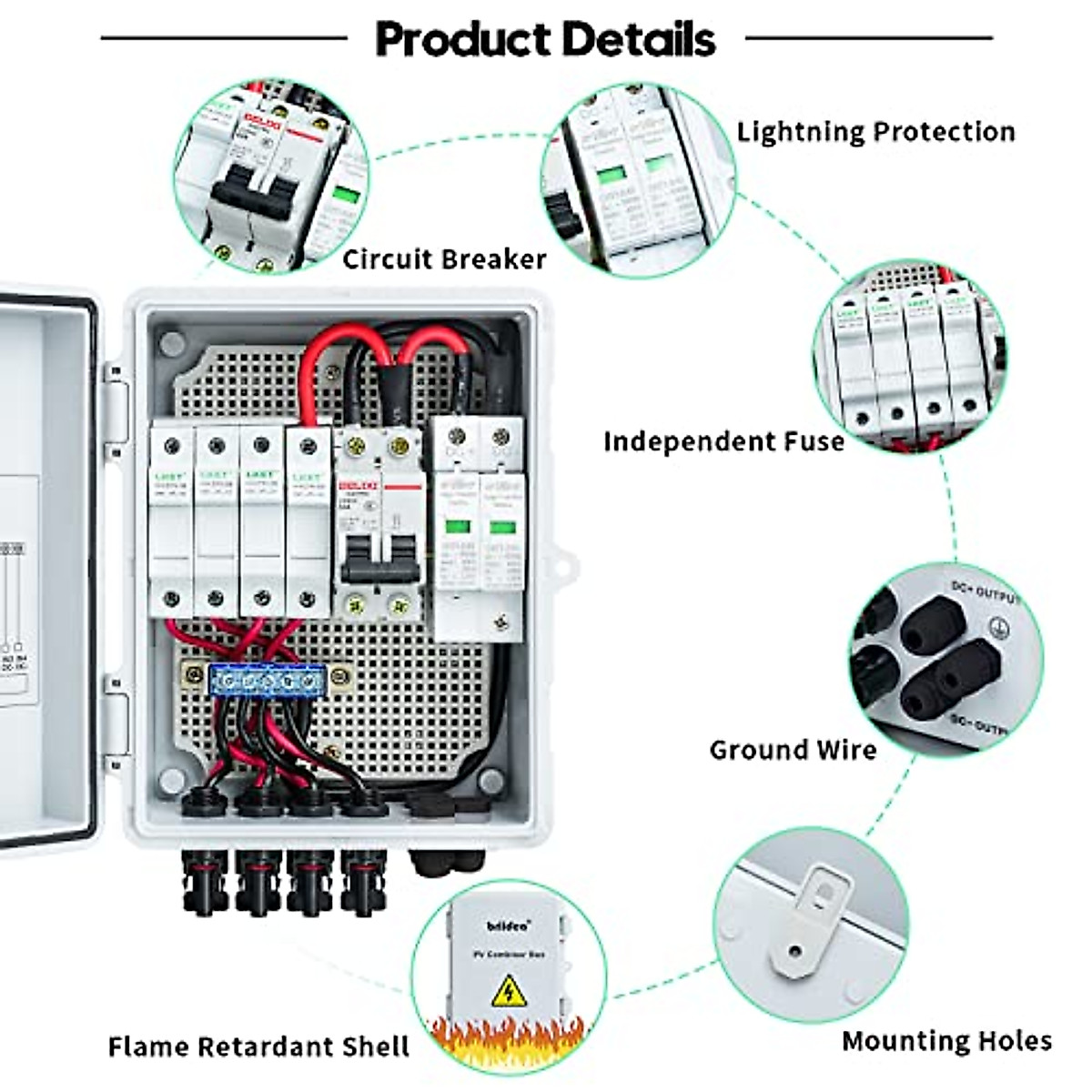 Solar Combiner Box, Briidea PV Combiner Box 4 String with 10A Circuit Breakers & Lightning Arreste for Solar Panels, IP 65 Waterproof