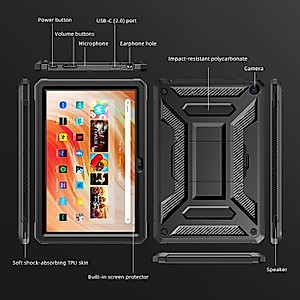 Amazon Fire HD 10 & Fire HD 10 Kids Pro Tablet Case (Only 13th Gen, 2023 Release), DJ&RPPQ Full Body Rugged Hands-Free Viewing Stand Back Cover with Screen Protector, Also for 10in Sony Nokia - Black