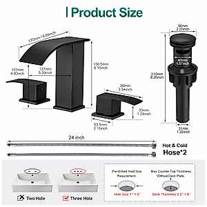 VOTON Waterfall Bathroom Faucets Black, Widespread Bathroom Sink Faucet 3 Hole with Drain Assembly, 8 Inch Modern Vanity 2-Handles Faucet