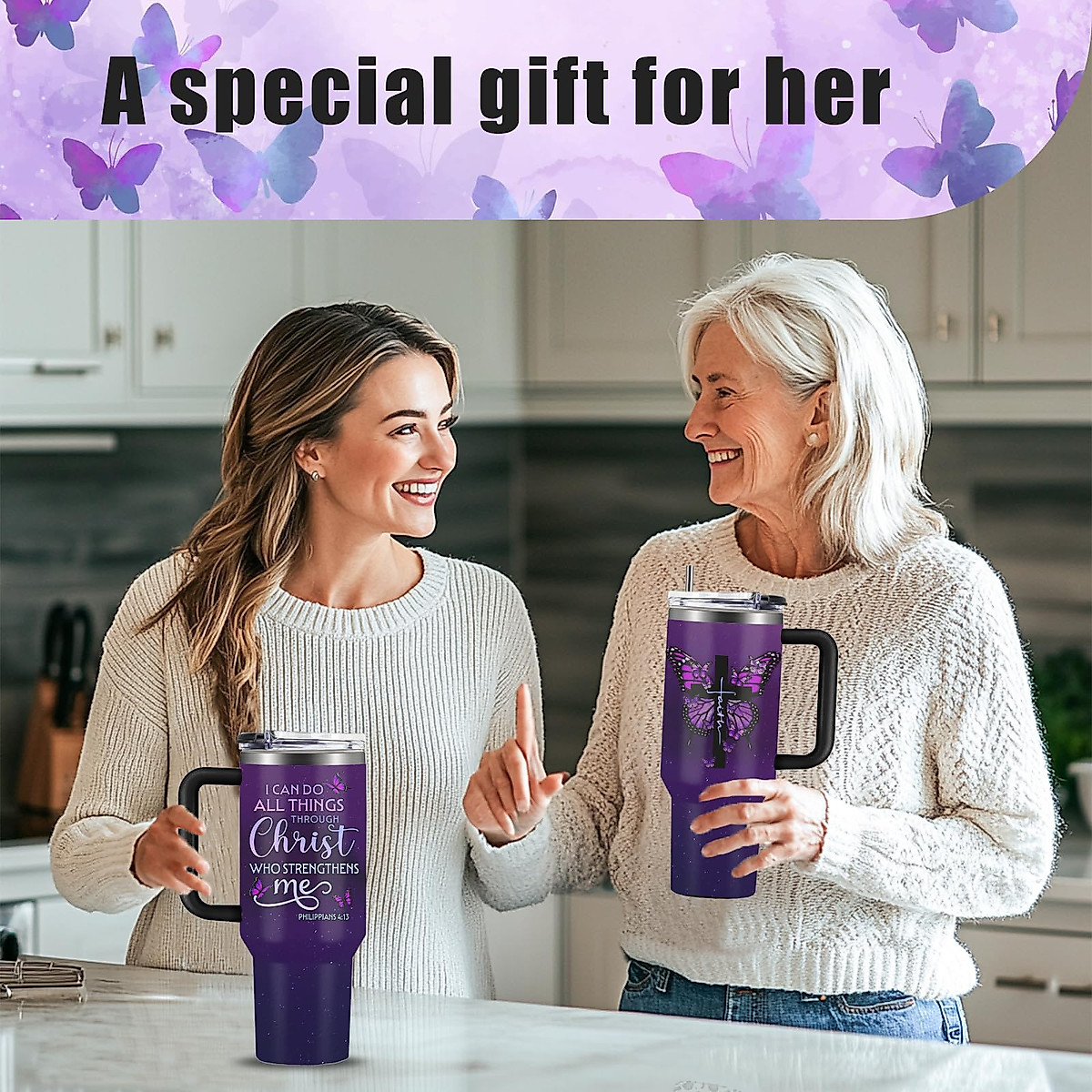 Christian Gifts for Women, 40 oz I Can Do All Things Christ Tumbler With Handle, Inspirational Religious Birthday Gifts for Faith Cup, Christian Jesus God Bible Verse Pastor Prayer Gift for Christmas