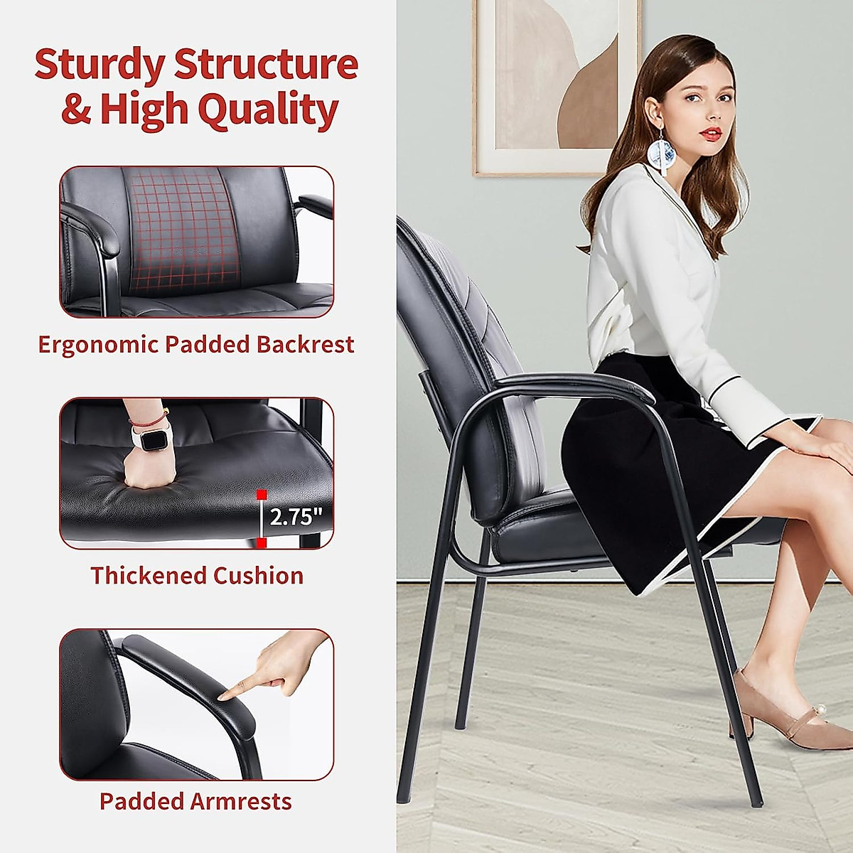 CLATINA Big Tall Wide Office Guest Chair Heavy Duty 500lbs Leather Comfy Side Reception Chair with Arms No Wheels, Executive Bariatric Lobby Chair for Meeting Conference Waiting Room Stationary 4PACKS